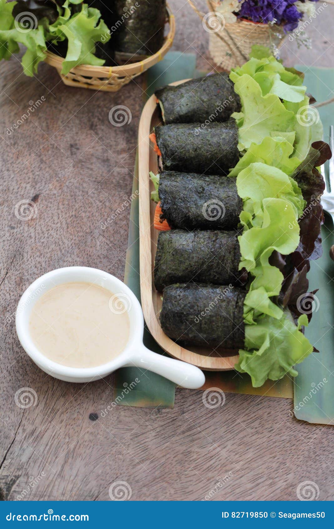 Fresh Vegetable Salad Roll with Seaweed and Dressing. Stock Photo ...