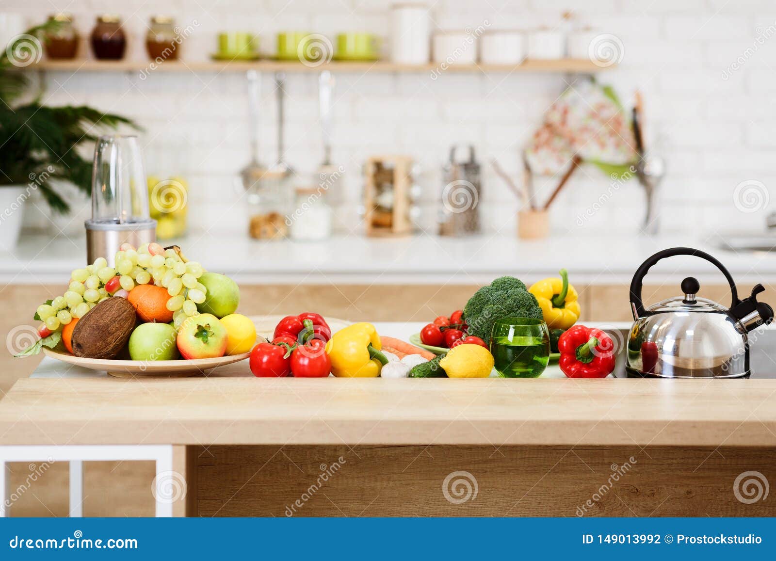 Fresh Vegetables and Fruits on Kitchen Table Stock Photo - Image of ...
