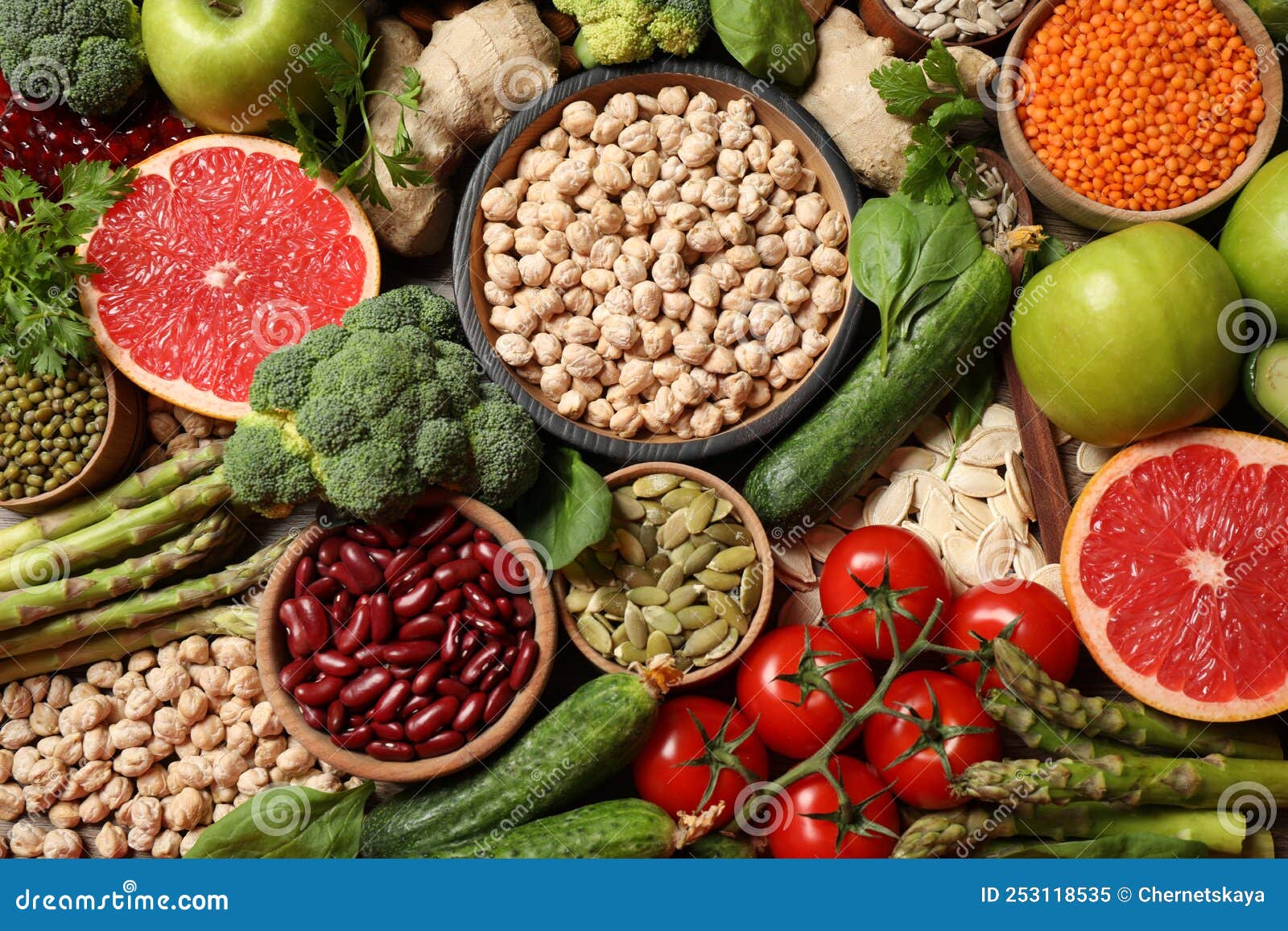 Fresh Vegetables, Fruits and Seeds on Table Stock Image - Image of peas ...