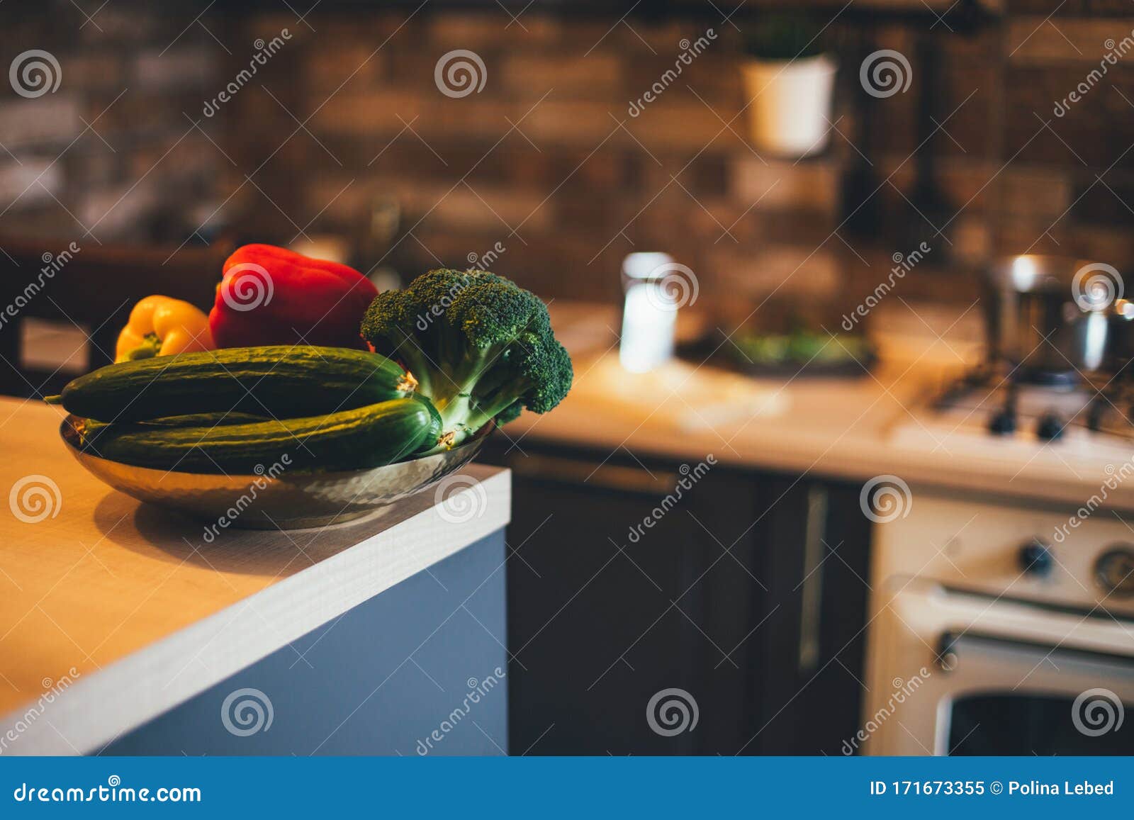Fresh Vegetables on Table in Modern Kitchen. Stock Image - Image of ...