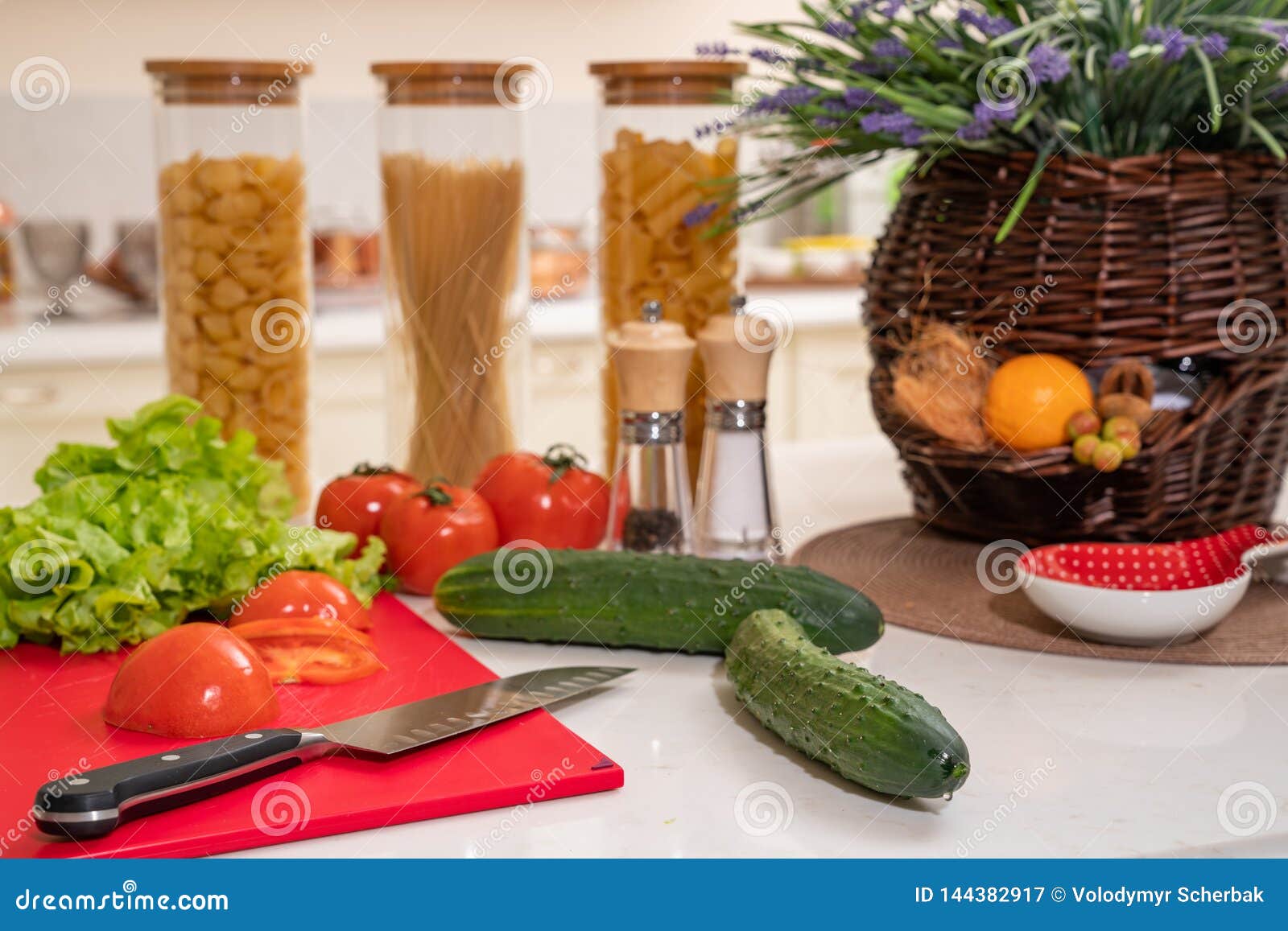 Fresh Vegetables and Utensils for Cooking Classes on White Table Stock ...