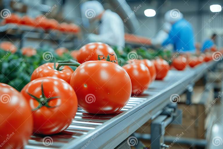 Fresh and Vibrant Ripe Tomatoes Moving Along a Conveyor Belt for ...