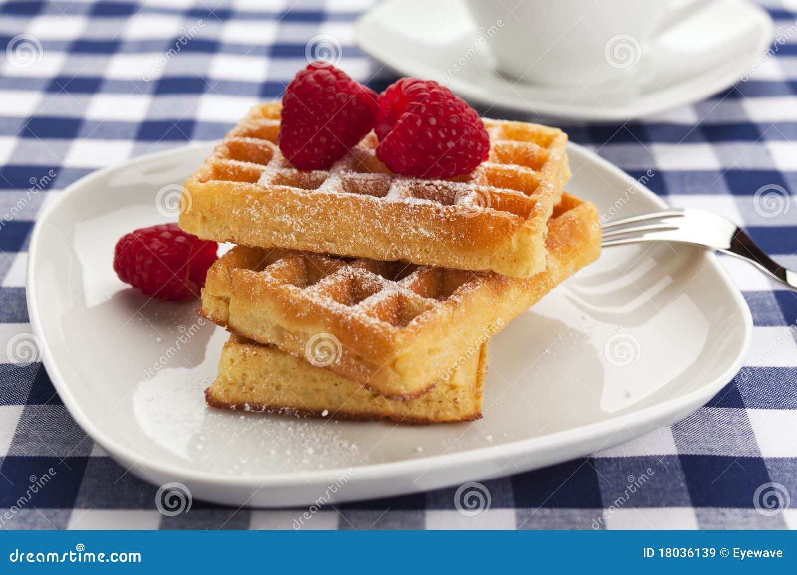 Fresh Waffles with Powdered Sugar and Raspberries Stock Image - Image ...