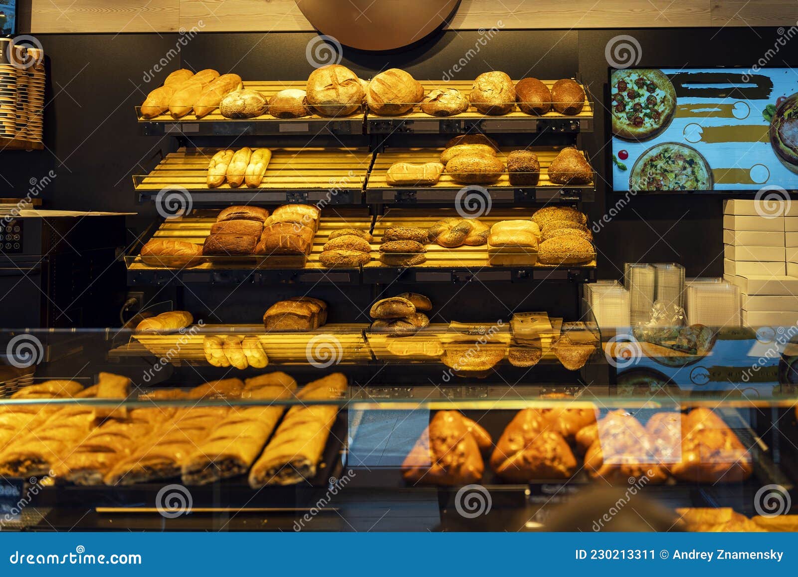 Fresh Warm Bread on the Counter of the Store, Bakery Products Trade ...