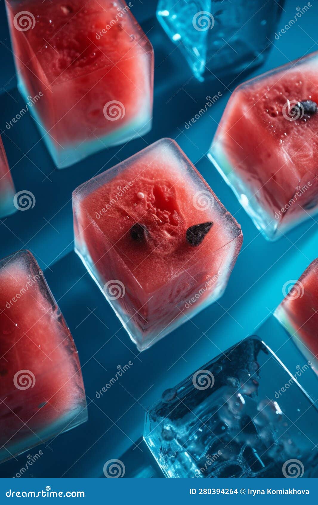 Fresh Watermelon and Ice Cubes on Blue Background Generated by Ai Stock ...