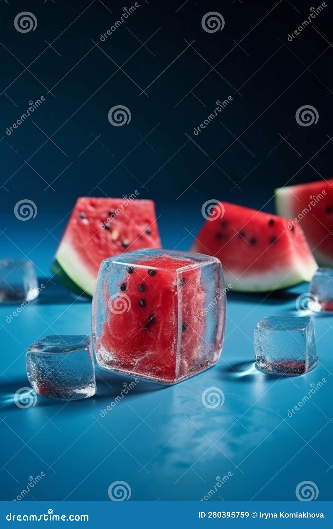 Fresh Watermelon and Ice Cubes on Blue Background Generated by Ai Stock ...
