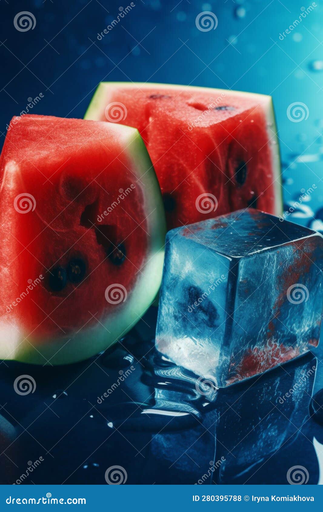 Fresh Watermelon and Ice Cubes on Blue Background Generated by Ai Stock ...