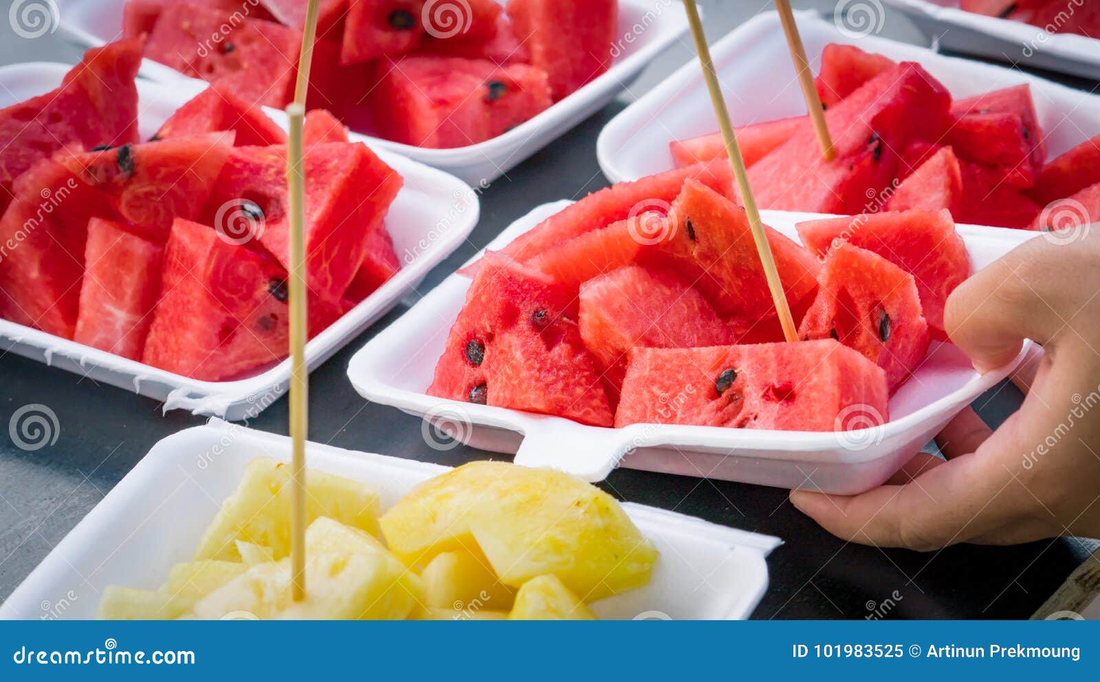 Fresh Watermelon and Pineapple Slice in White Foam Plate Container on ... Fresh Watermelon and Pineapple Slice in White Foam Plate Container on ...