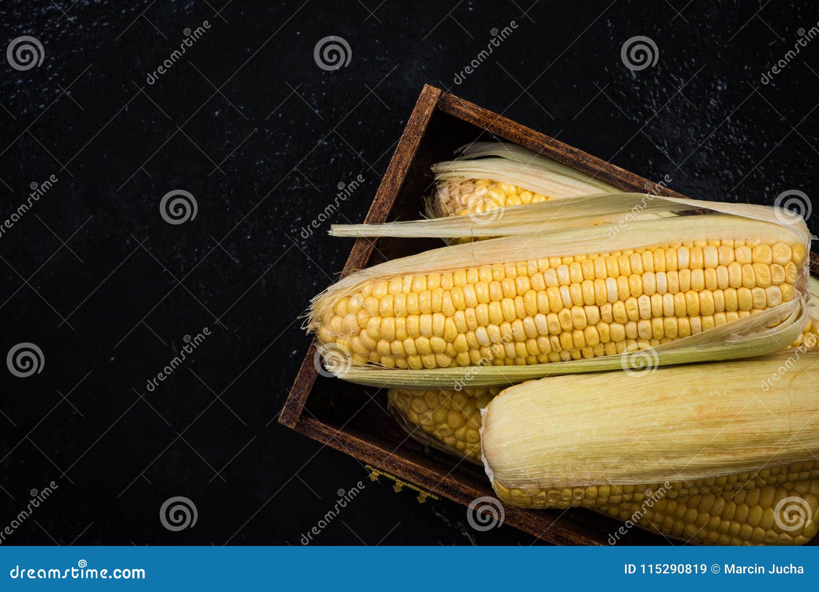 Fresh Whole Corn Cob in Wooden Box Stock Image - Image of overhead ...