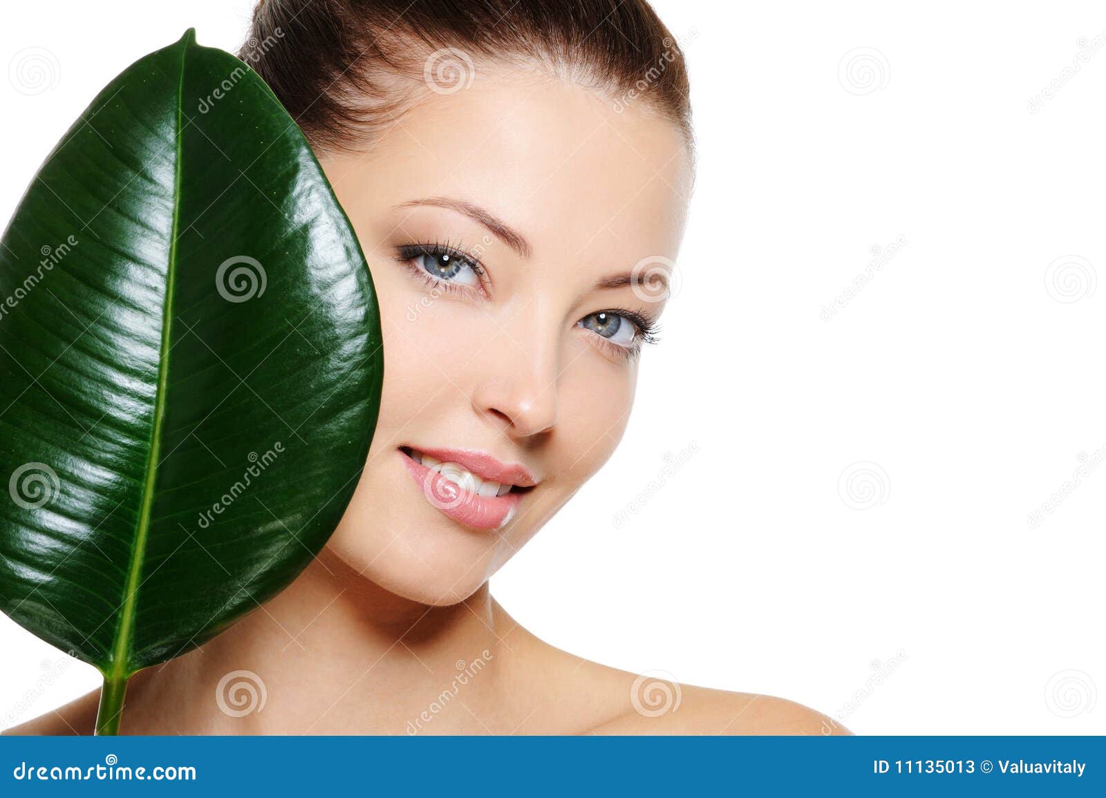 Fresh Woman S Face with Smile and Green Leaf Stock Image - Image of ...