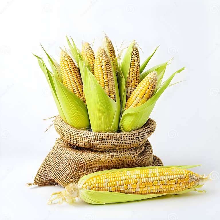Fresh Yellow Corn Cobs in Burlap Sack on White Background Stock Photo ...