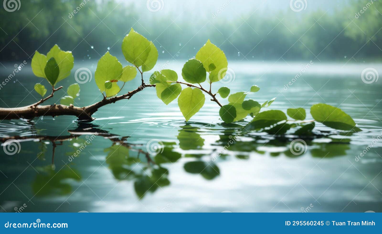 Fresh Young Leaves on a Branch Touching Water Surface Stock ...