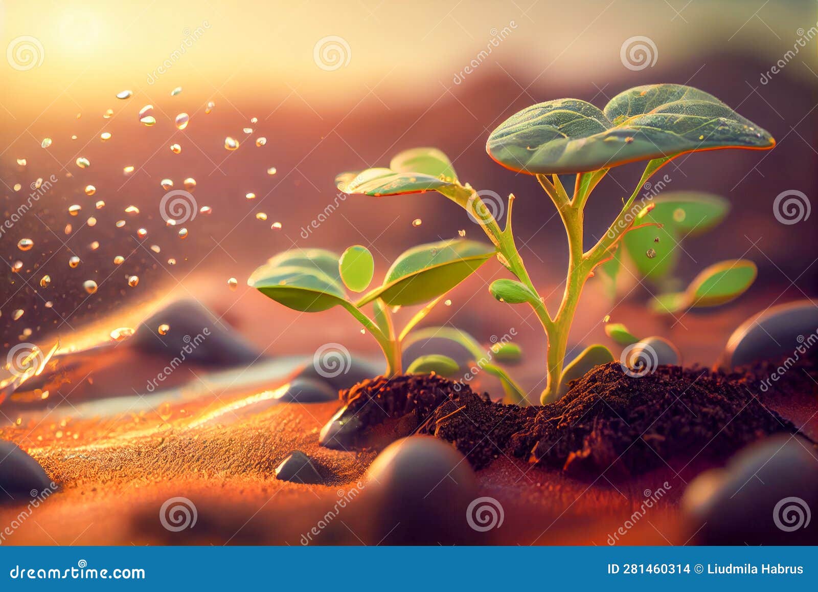 Fresh Young Sprouts Grow Out of the Ground in Sunset. Generative AI ...