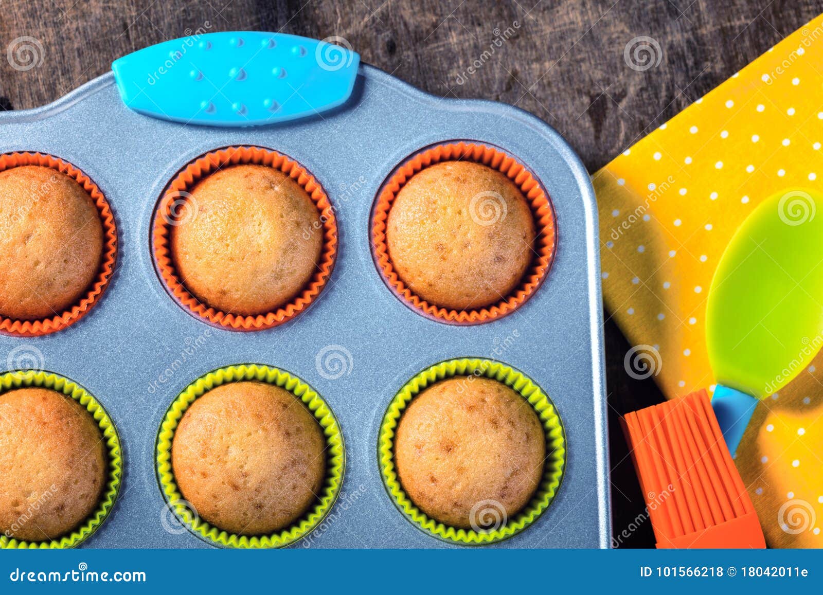 Freshly Backed Plain Cupcakes Cooling in Baking Tray, Top View Stock ...