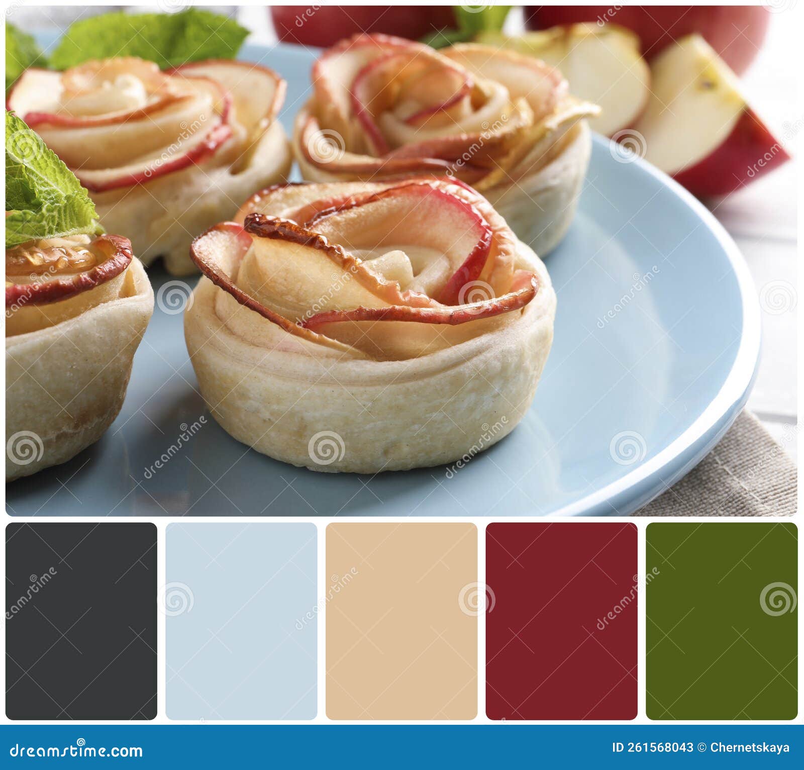 Freshly Baked Apple Roses on Plate and Color Palette. Collage Stock ...