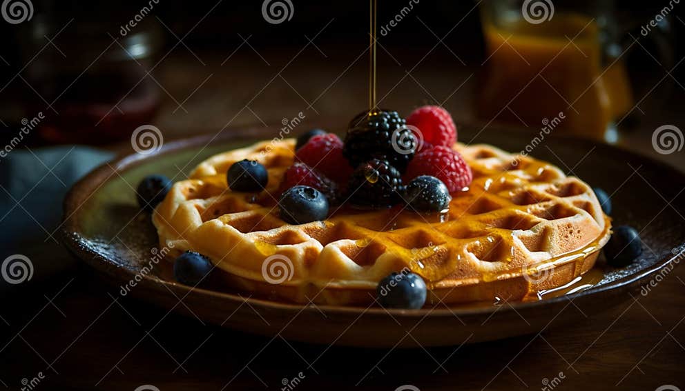 Freshly Baked Belgian Waffle Stack with Berry Fruit and Syrup Generated ...
