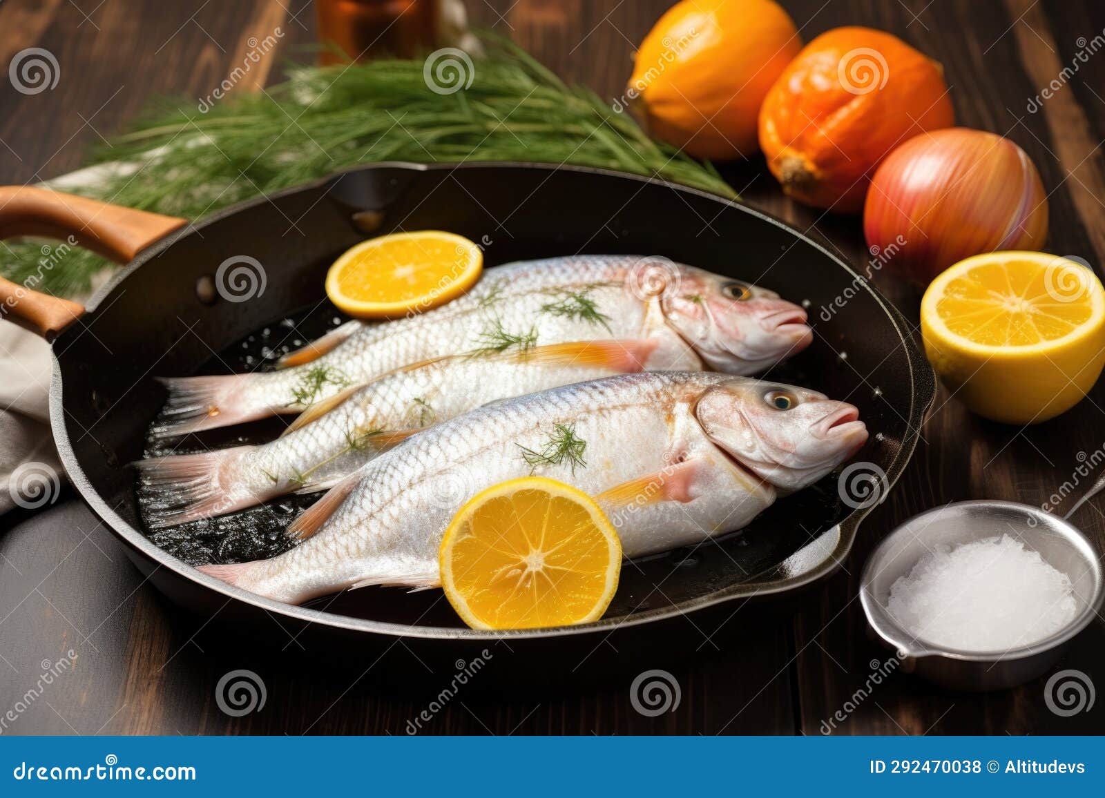 Freshly Basted Fish in Frying Pan, Flanked by Oranges Stock Photo ...