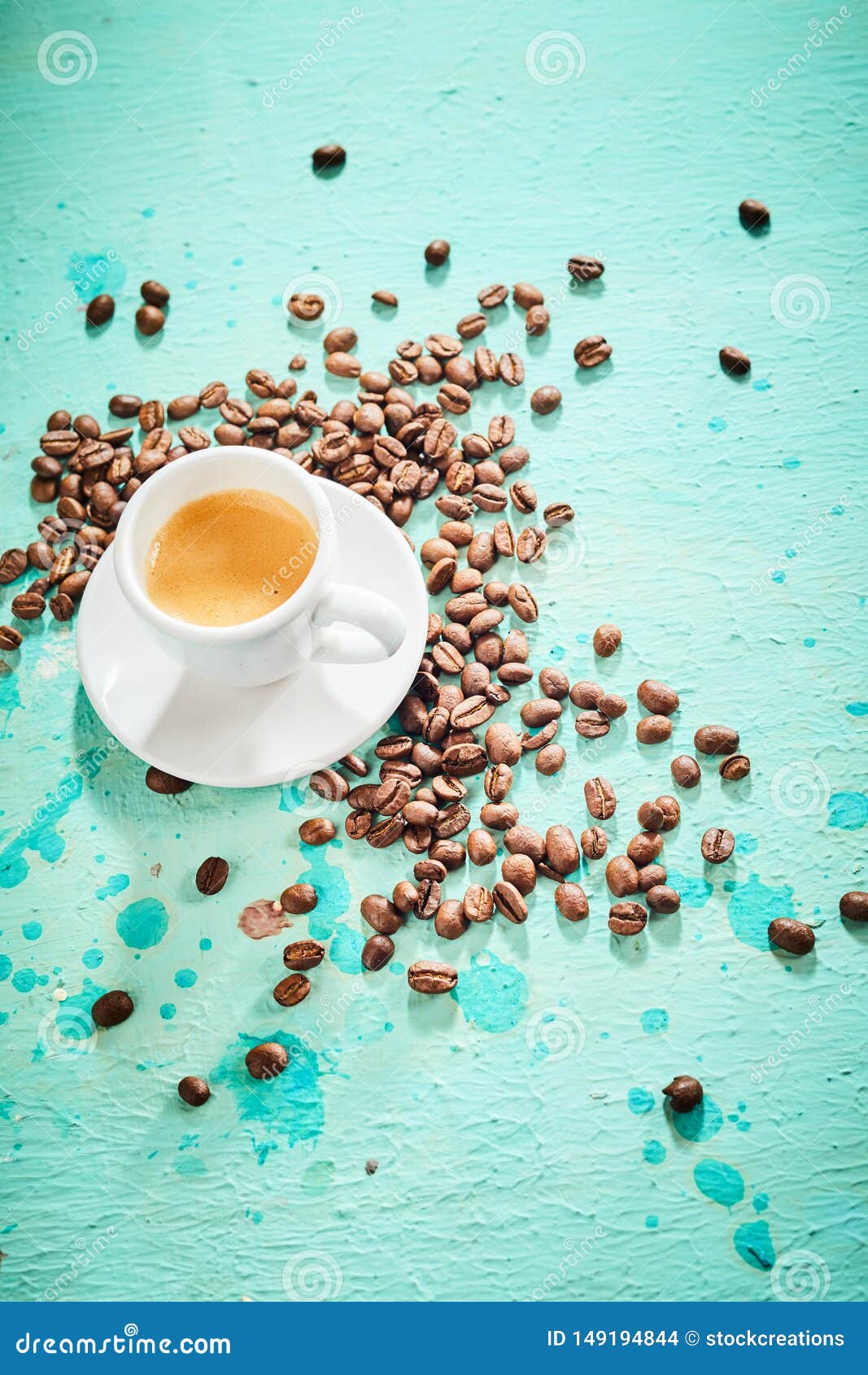 Freshly Brewed Espresso Coffee with Roasted Beans Stock Photo - Image ...