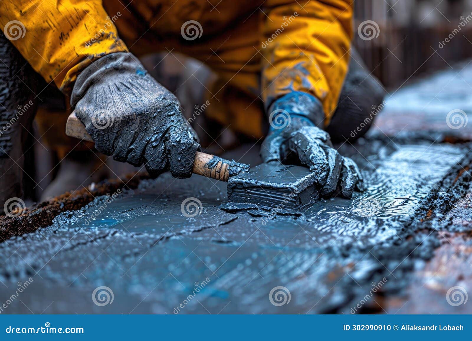 On Freshly Cast Cement Mortar at a Construction Site. the Construction ...