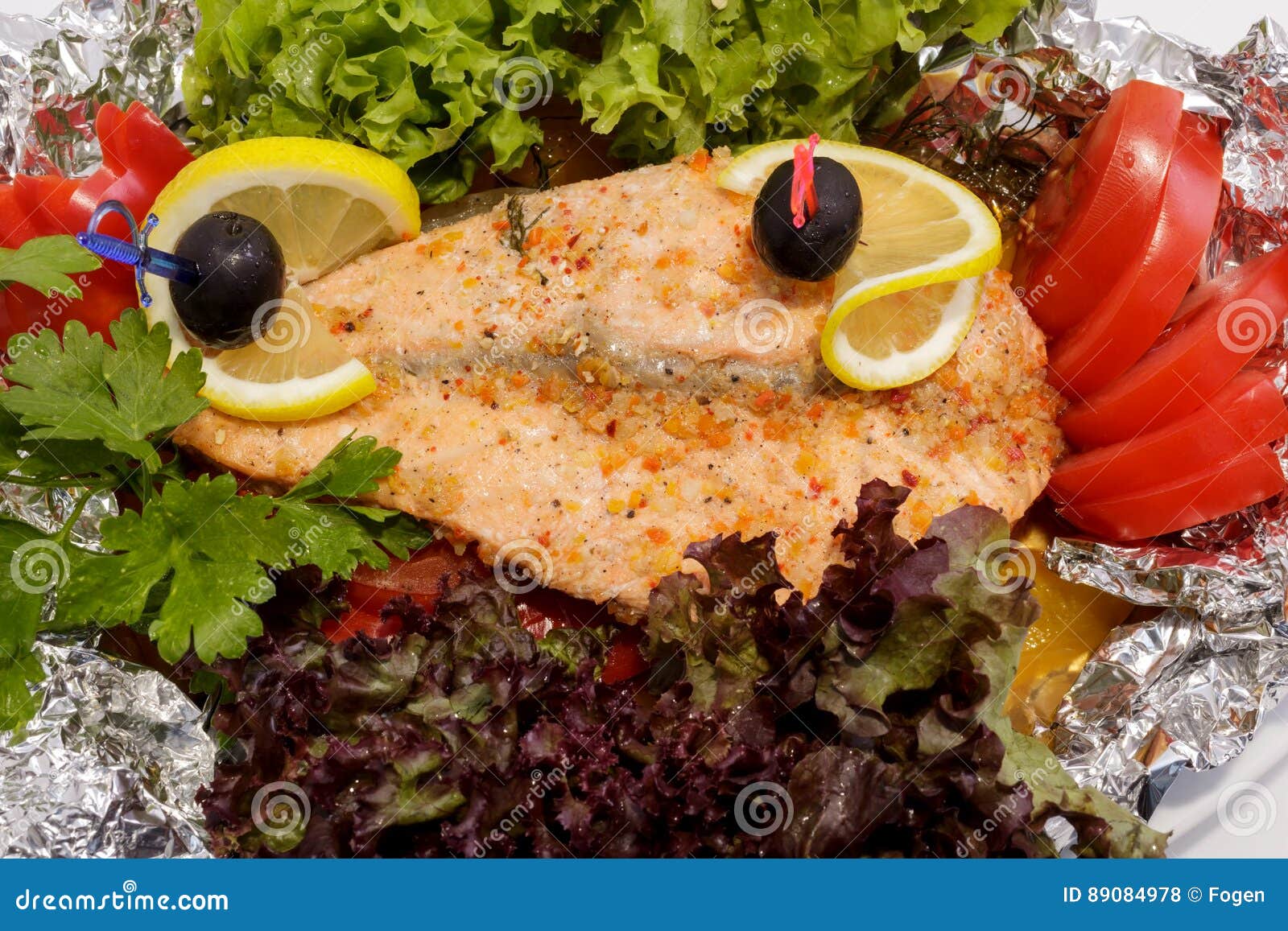 Freshly cooked fish stock photo. Image of foil, plate - 89084978