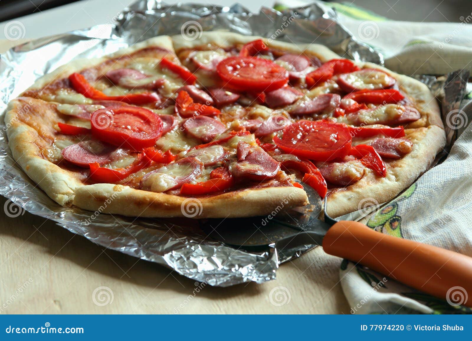 Freshly cooked pizza. stock photo. Image of bacon, refreshment - 77974220