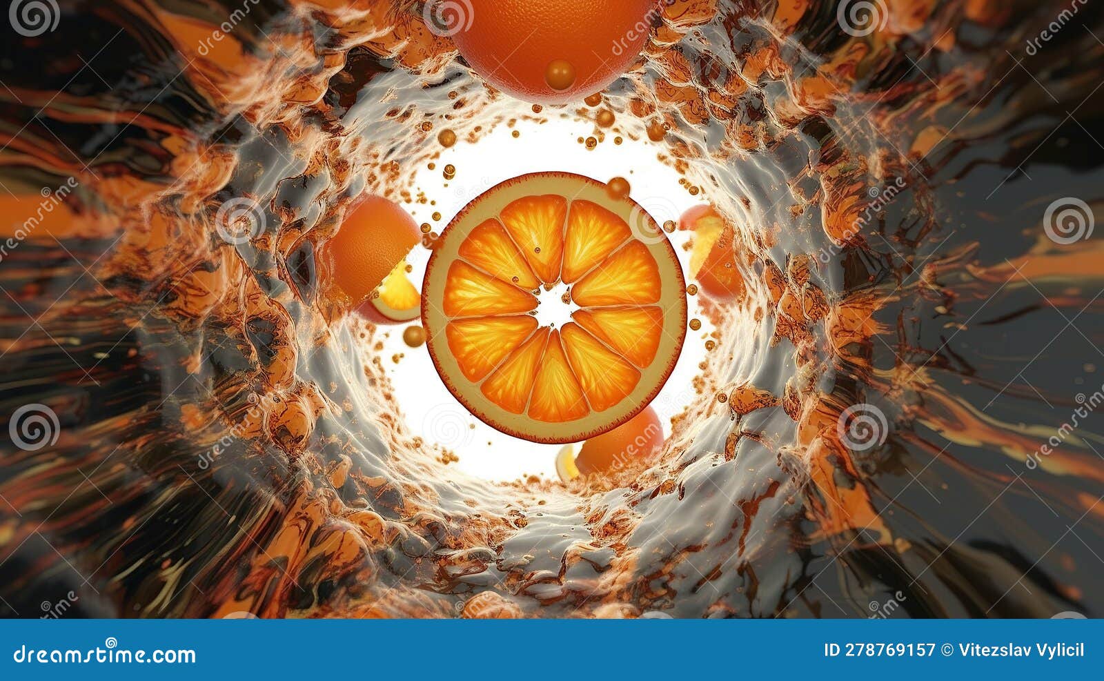 Freshly Cut Orange Slice Floating in the Middle of Vortex, Orange Juice ...