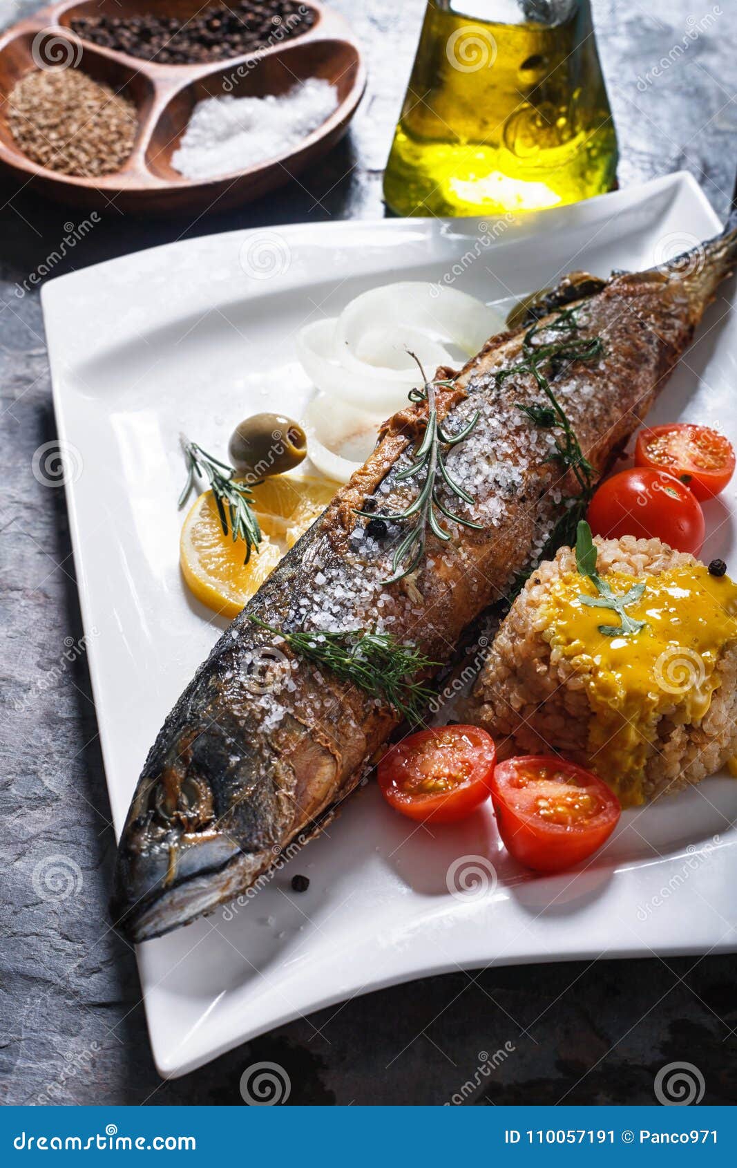 Freshly Fried Fish with Vegetables and Rice Stock Image - Image of ...