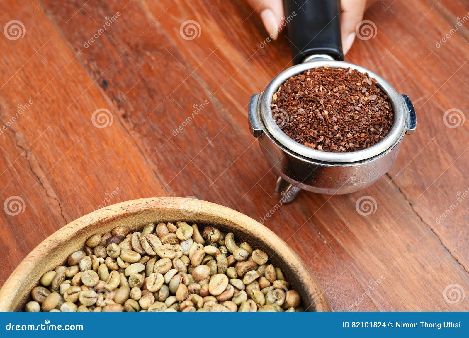 Freshly Ground Coffee Beans in a Metal Filter and Coffee Beans Stock ...