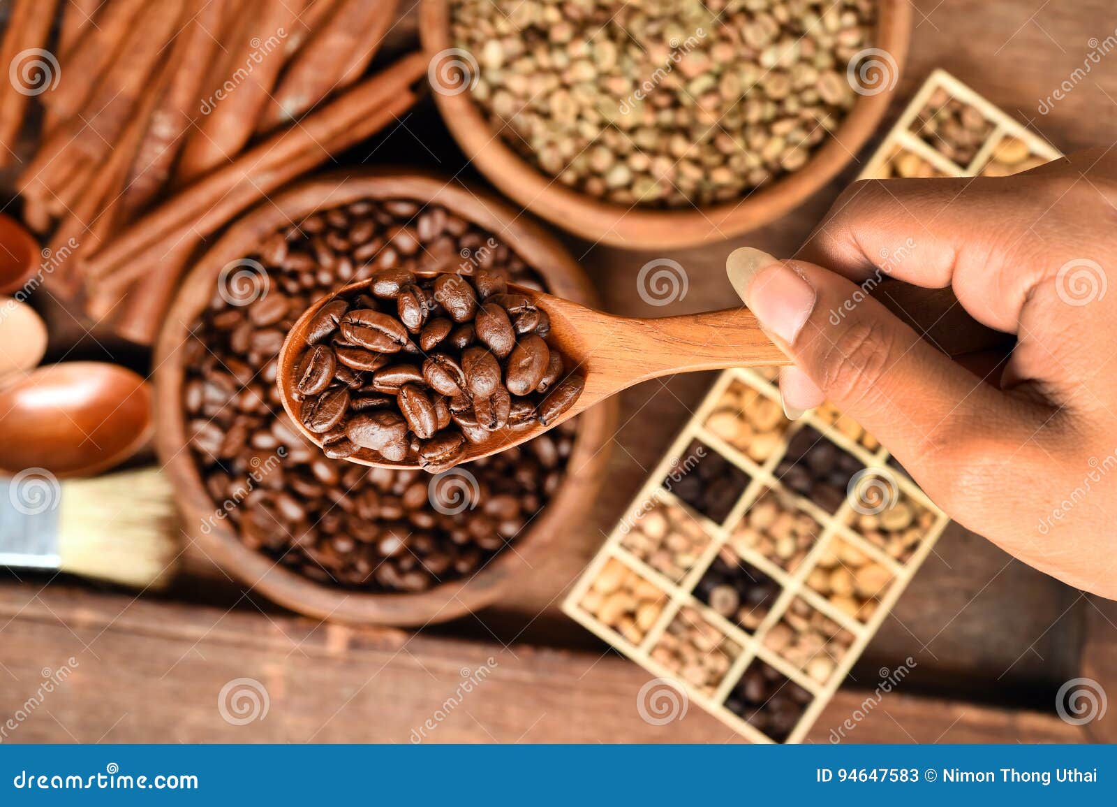 Freshly Ground Coffee Beans in a Metal Filter and Different Coffee ...