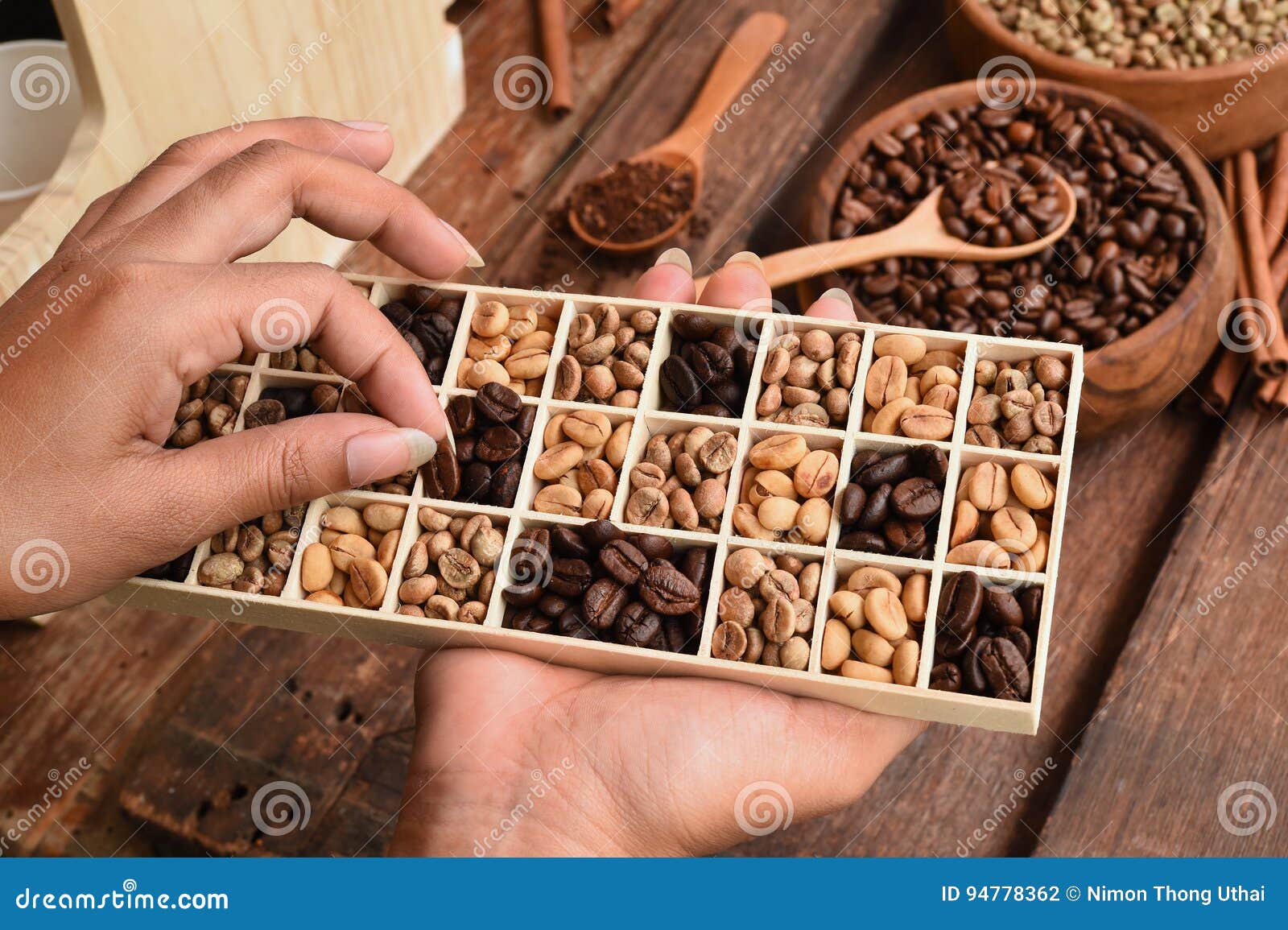 Freshly Ground Coffee Beans in a Metal Filter and Different Coffee ...
