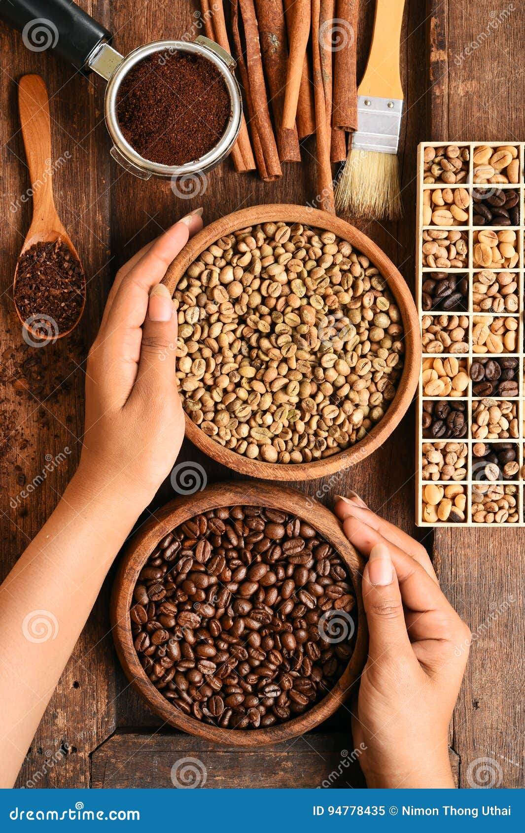 Freshly Ground Coffee Beans in a Metal Filter and Different Coffee ...