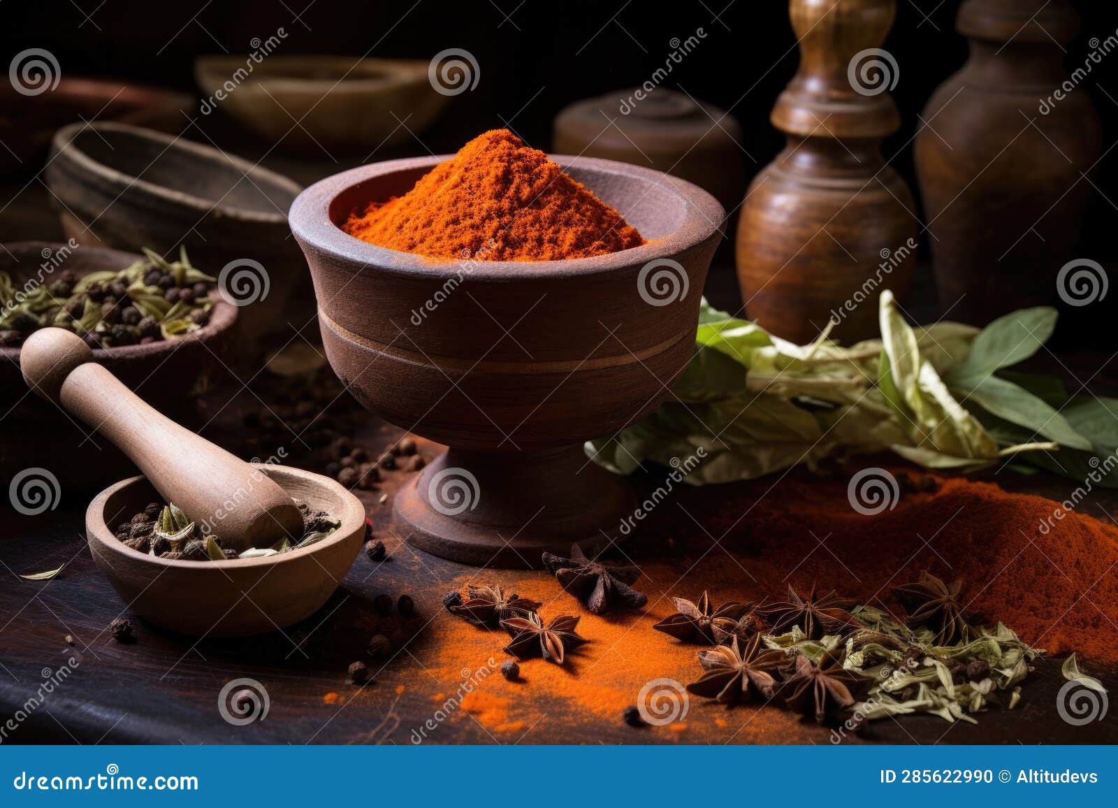 Freshly Ground Spices in Mortar and Pestle Stock Illustration ...
