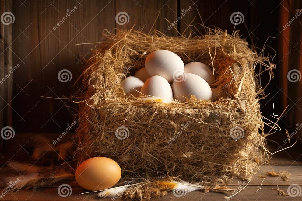 Freshly Laid Eggs in a Nesting Box with Straw Stock Illustration ...