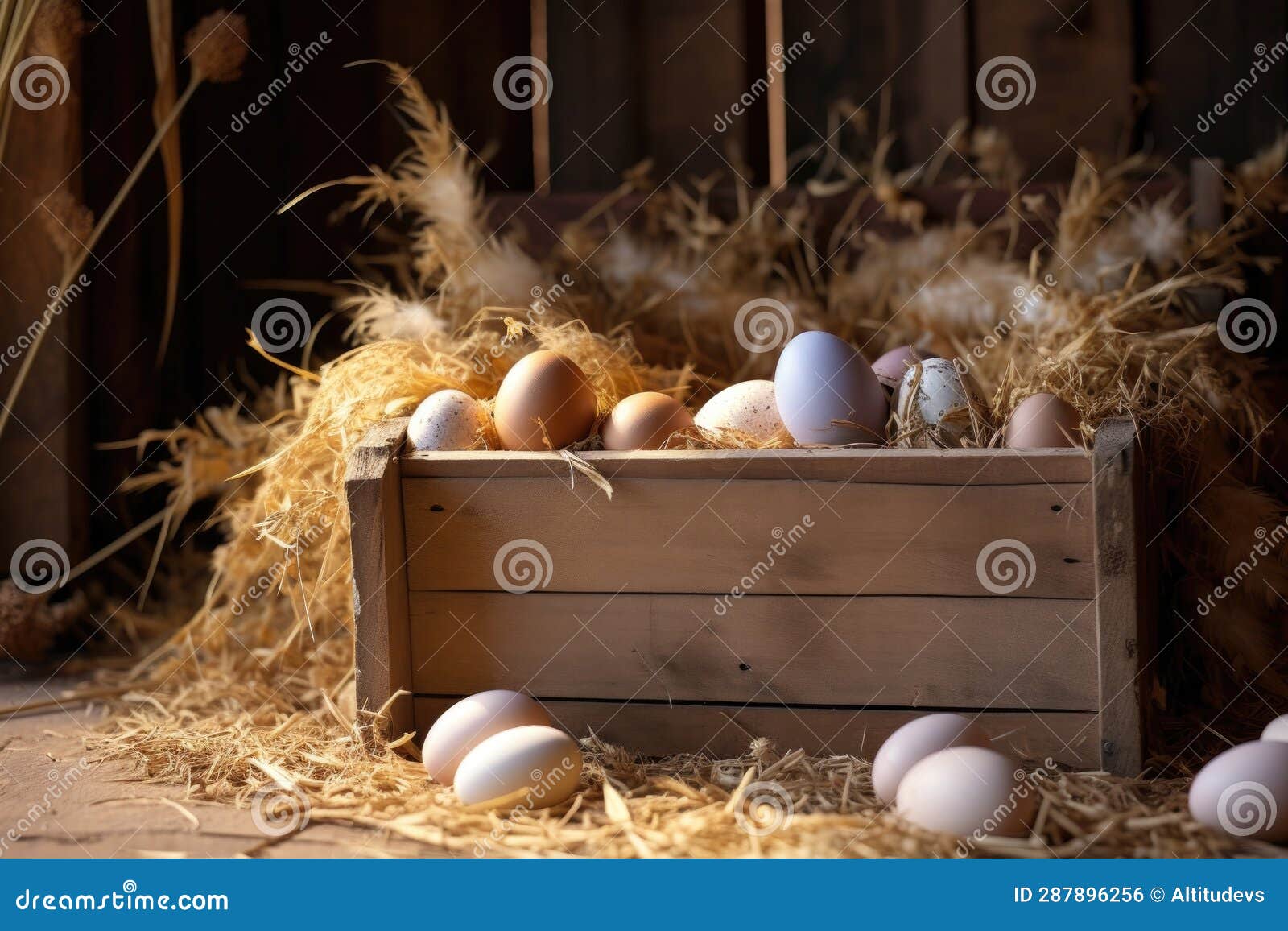 Freshly Laid Eggs in a Nesting Box with Straw Stock Illustration ...