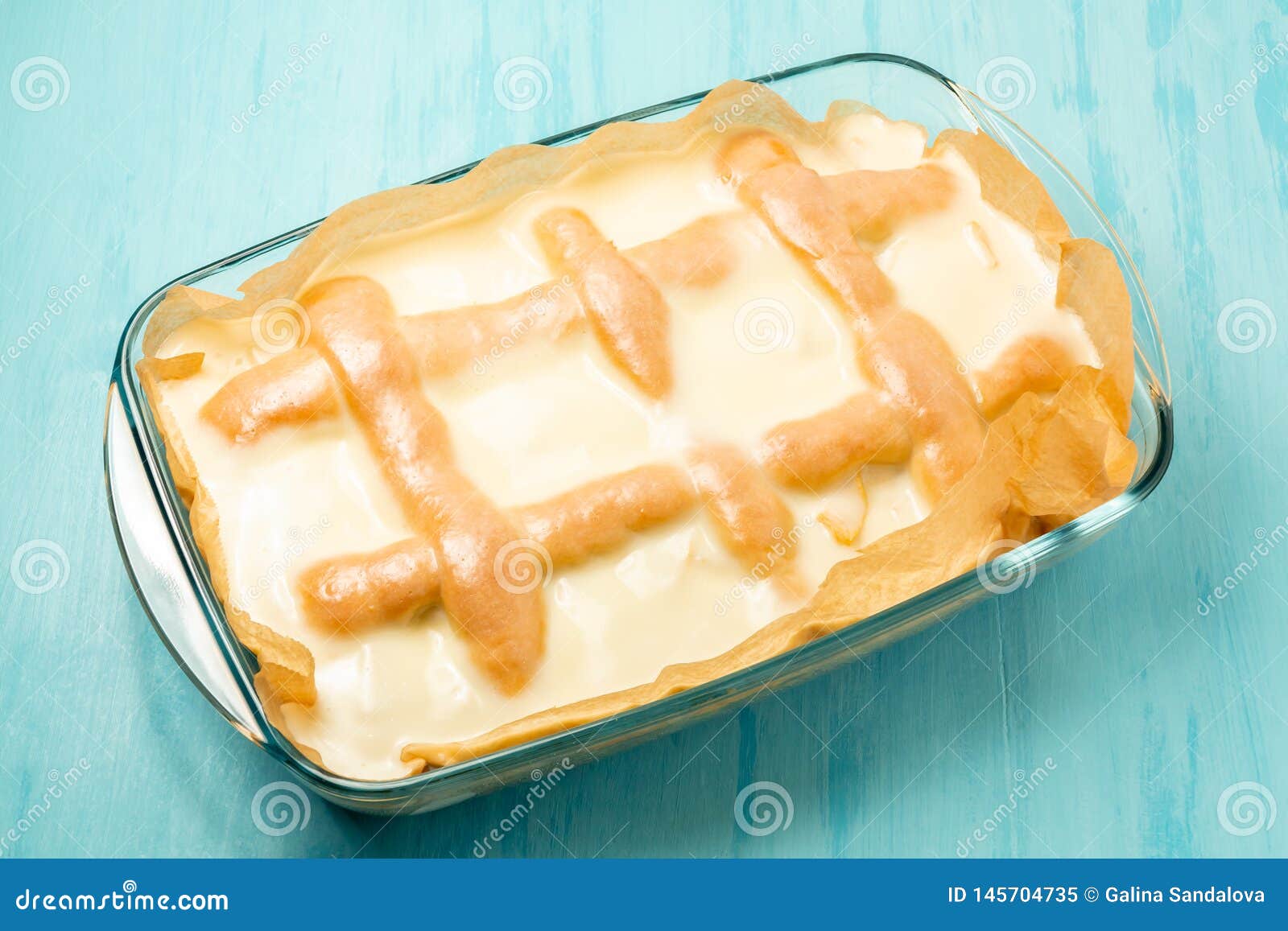 Freshly Made Homemade Apple Pie with Cream of Sour Cream and Sugar in a ...