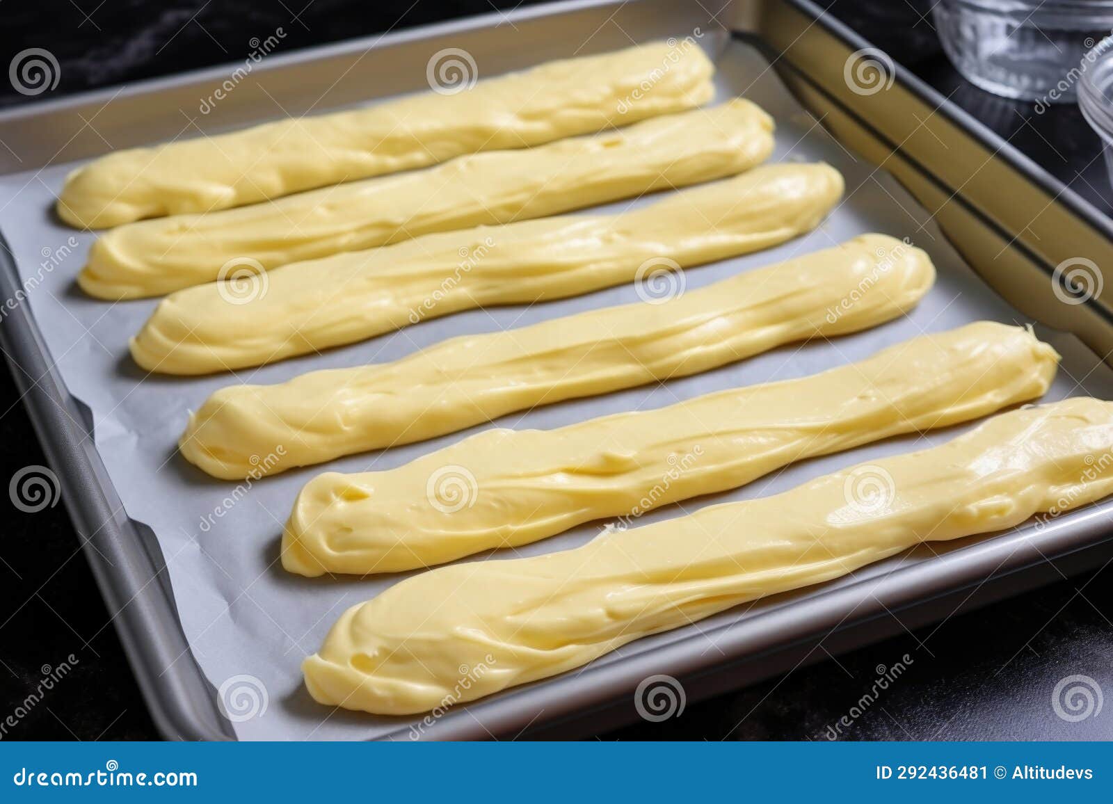 Freshly Piped Eclair Dough Ready To Be Baked on a Pan Stock ...