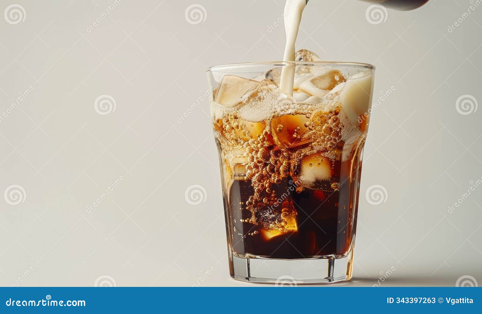Freshly Poured Iced Coffee with a Dynamic Splash and Cream Adding a ...