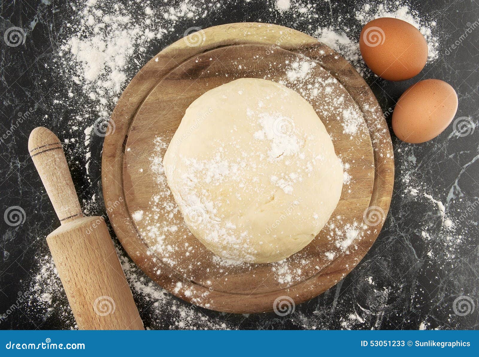 Freshly Prepared Dough on a Wooden Board. Rolling Pin and Egg Stock ...