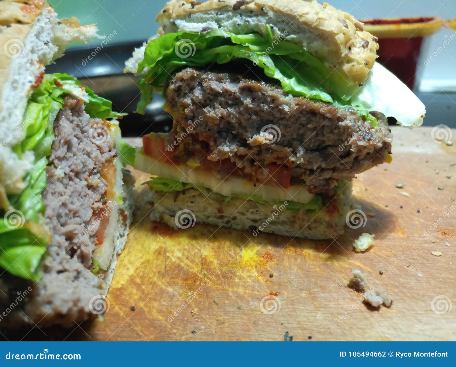 Inside of a High Stacked Beef Burger Stock Photo - Image of prepared ...