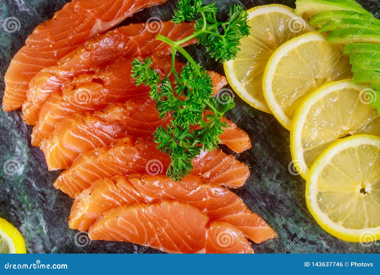 Freshly Salmon with Lime, Avocado on a Marble Plate Horizontal Stock ...