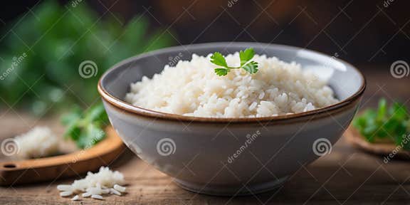 Freshly Steamed White Rice in Ceramic Bowl on Rustic Background. Stock ...
