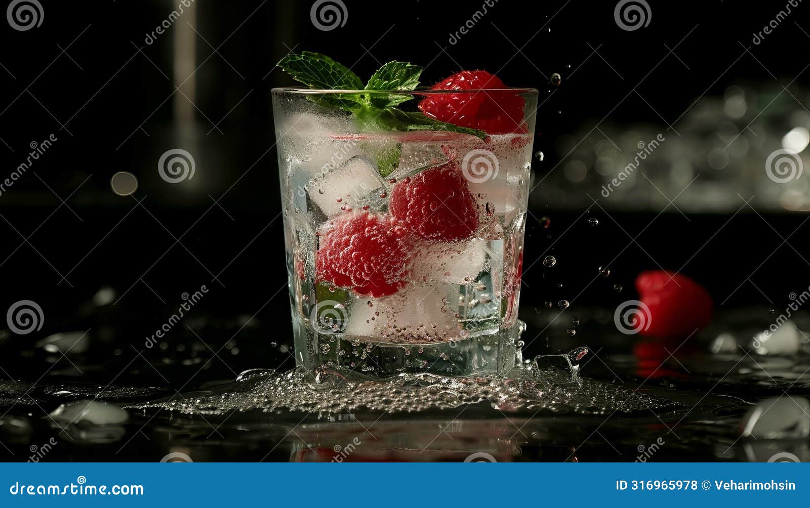 Glass Of Ice Raspberry With Mint Fresh Summer Drink Top View With ...