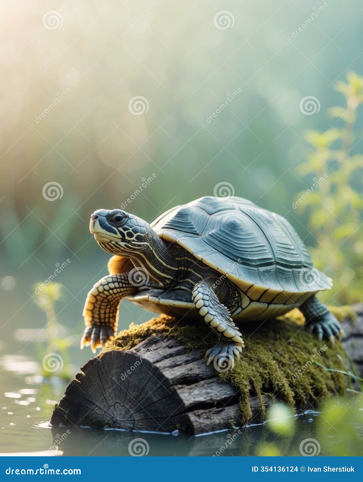Freshwater Turtle Basking on Mossy Log Nature Scene Stock Photo - Image ...