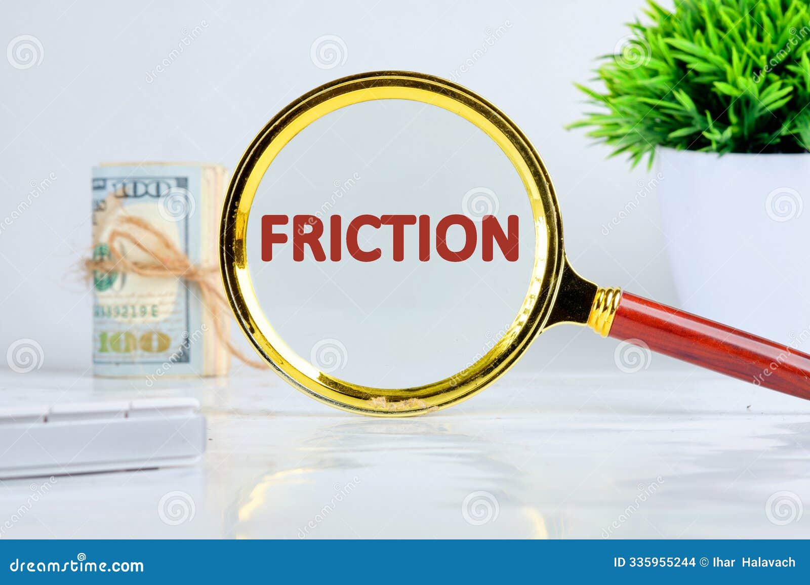 Friction Concept. Friction Word through a Magnifying Glass on a Gray ...