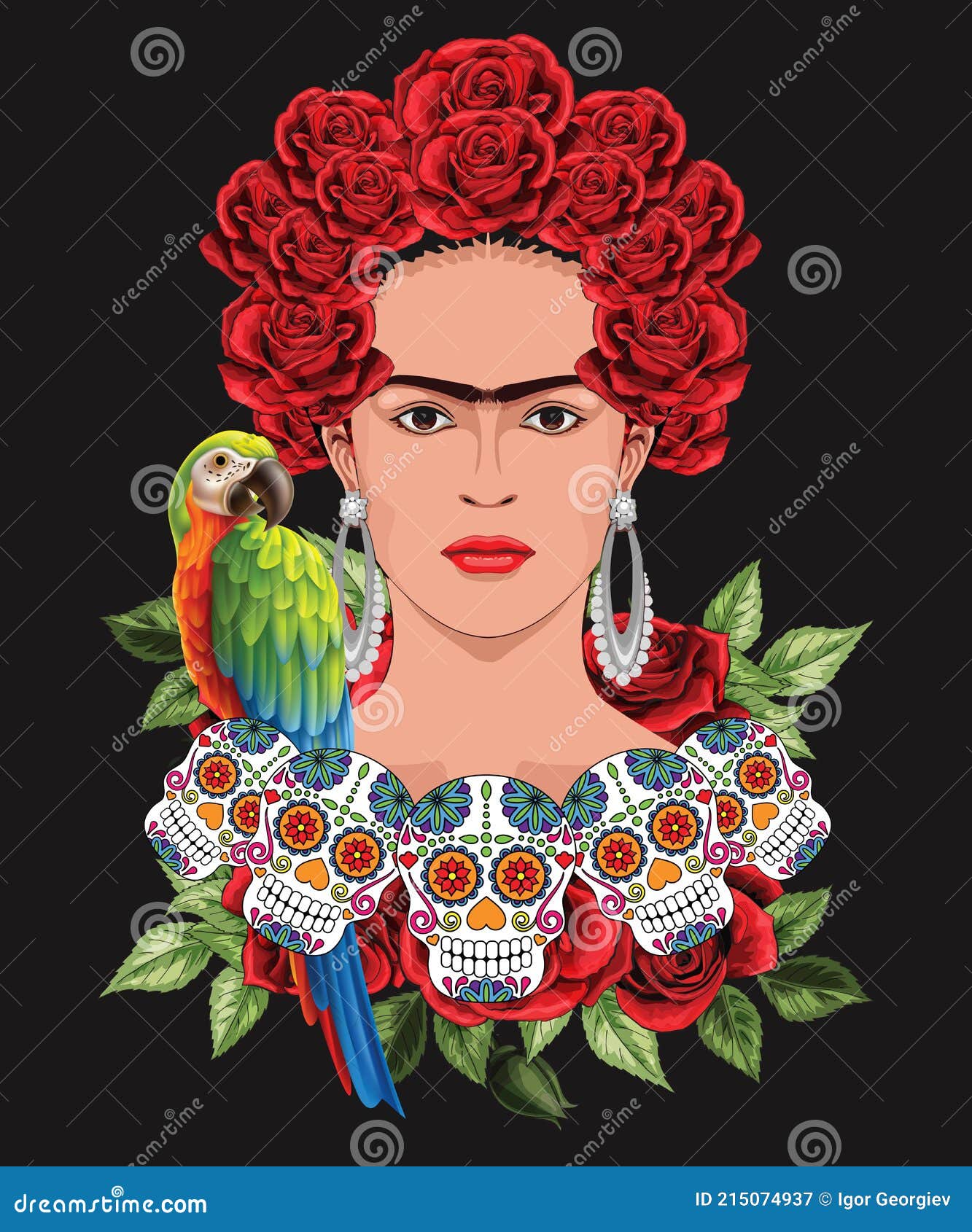 Frida Kahlo Floral Exotic Portrait Vector Illustration Poster Template ...