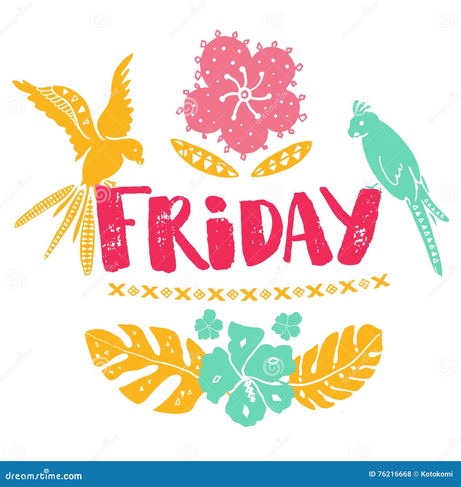 Friday Handwritten Word with Tropical Leaves and Flowers, Two Parrots ...
