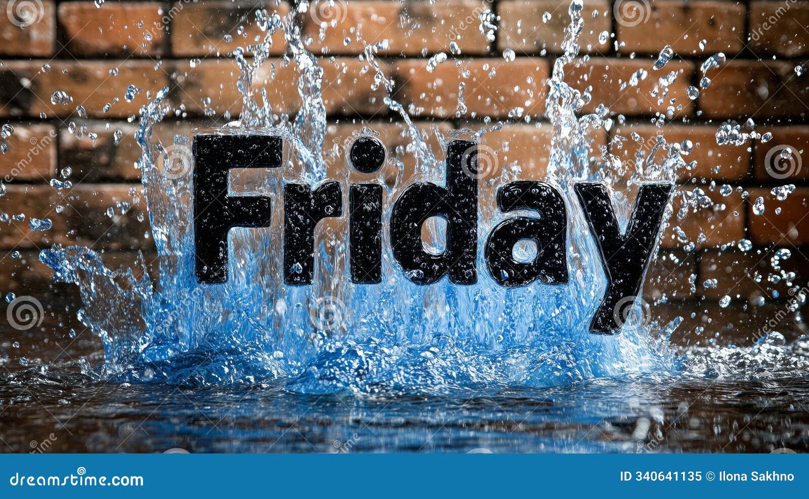 Friday Text with Water Splash on a Brick Wall Background Stock ...