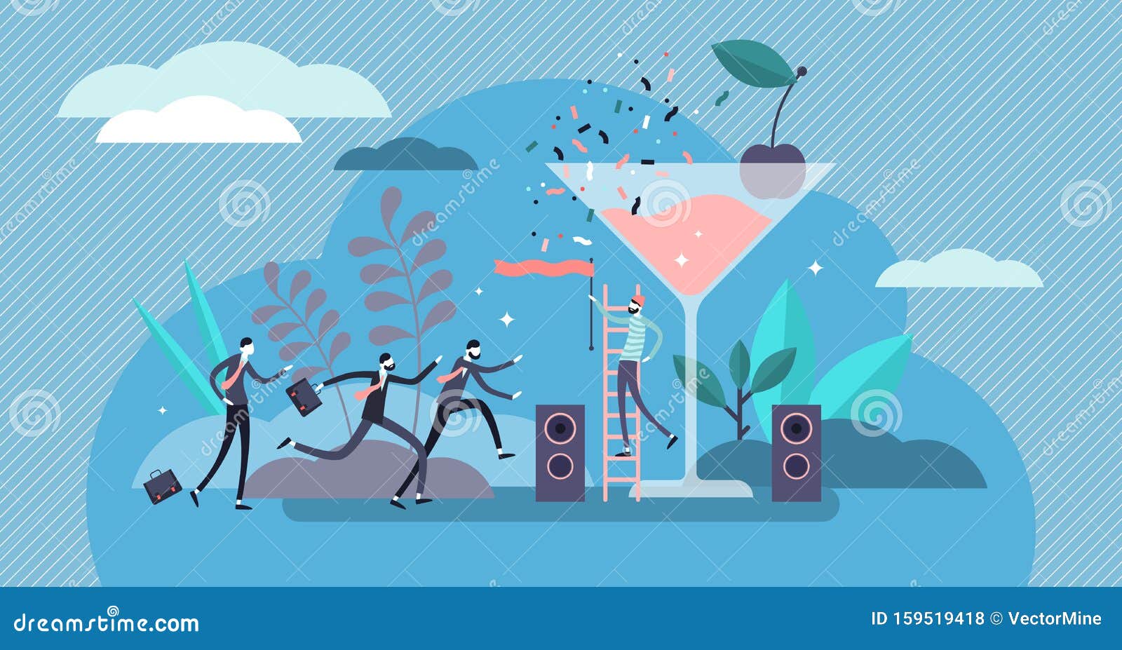 Friday Vector Illustration. Tiny Hurry from Work To Party Persons ...