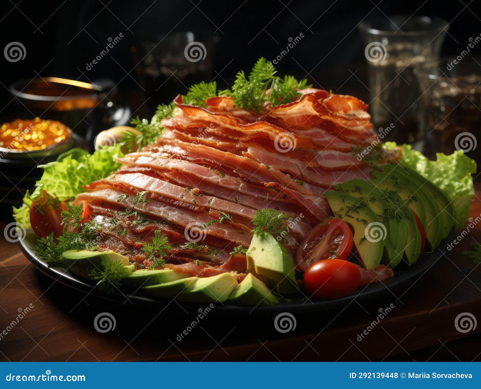 Fried Bacon with Avocado and Herbs, Keto Diet. AI Generated Stock ...