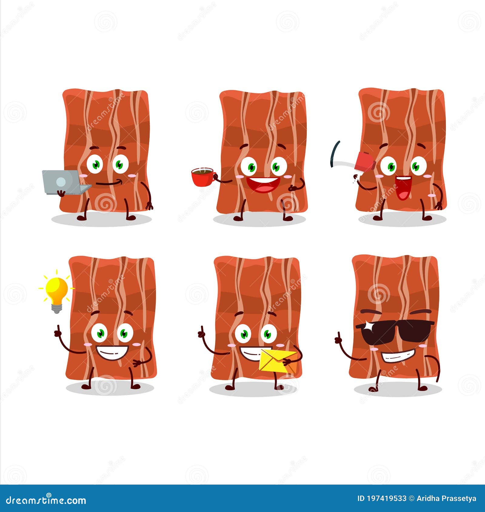 Fried Bacon Cartoon Character with Various Types of Business Emoticons ...